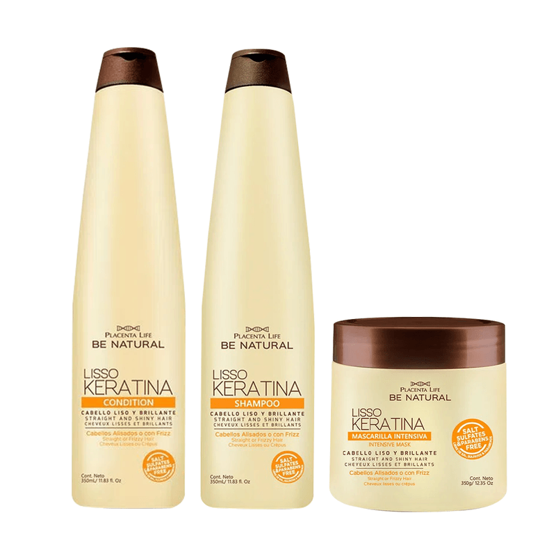 PLACENTA LIFE BE NATURAL Pack Keratina Shampoo 350ml + Acondicionador 350ml + Mascarilla 350gr ...