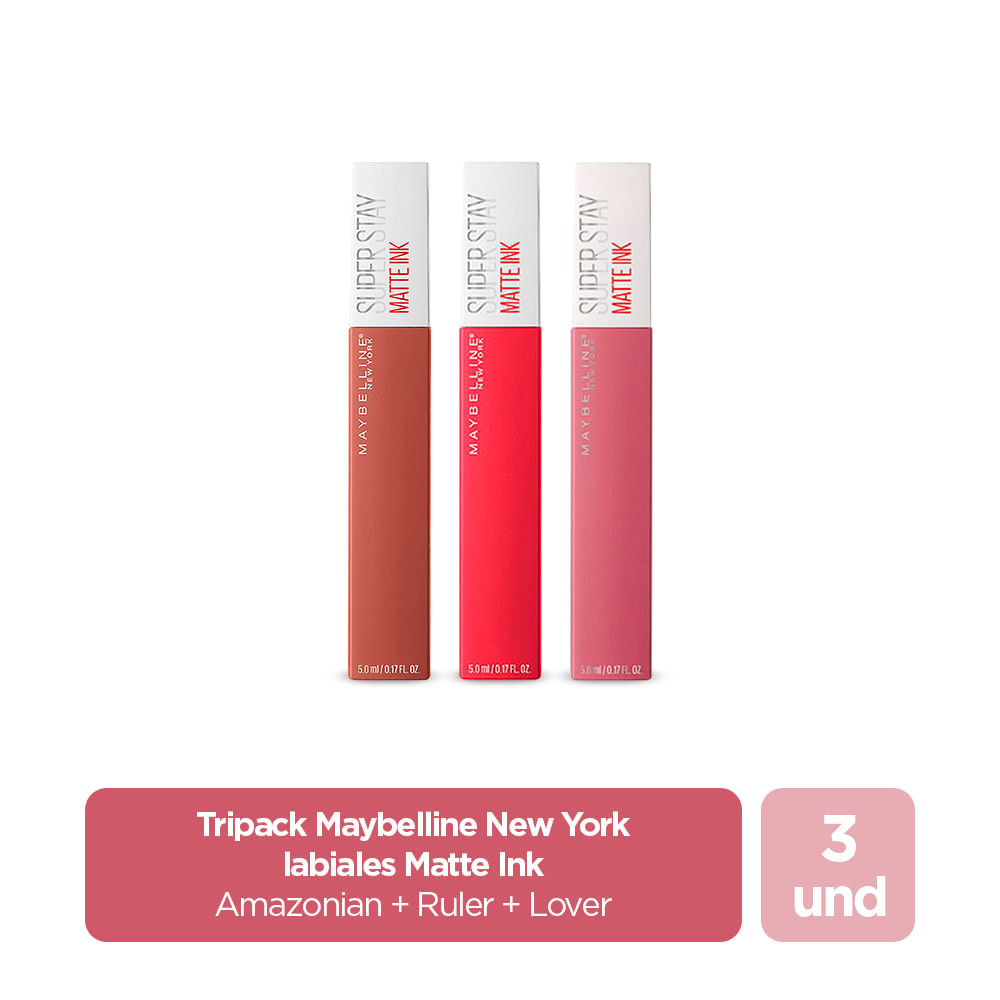 Set Maybelline Labial Superstay Matte Ink Amazonian + Ruler + Lover - Aruma